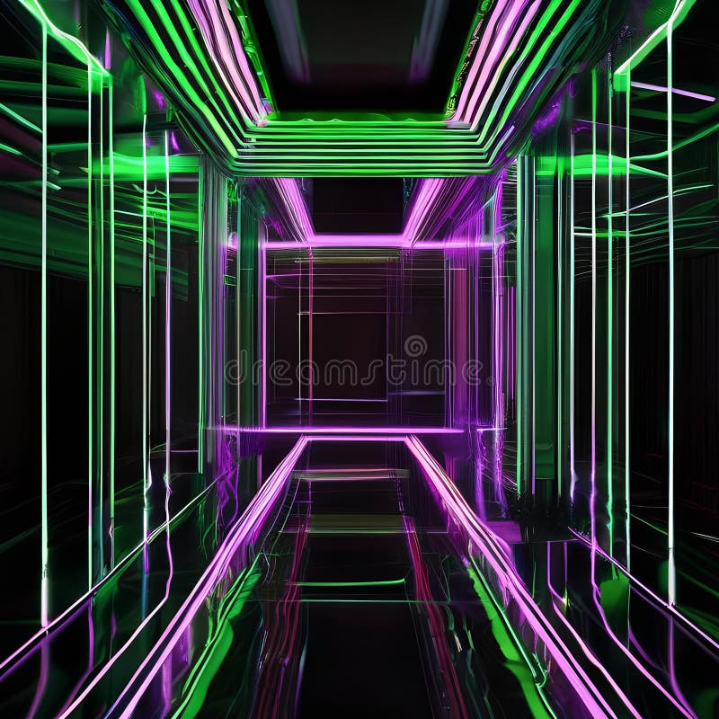 Digital Artwork with Dynamic Green Neon Lines Creating a Visually Striking 3D Composition on a ...