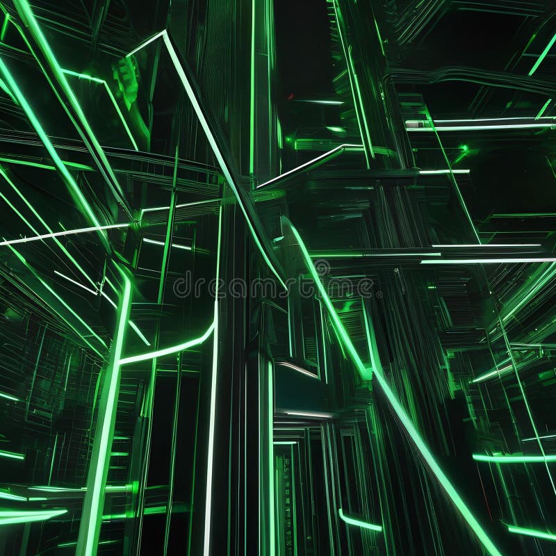 Digital Artwork with Dynamic Green Neon Lines Creating a Visually Striking 3D Composition on a ...