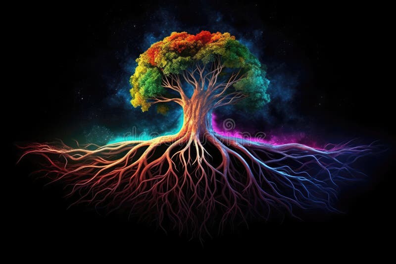 Digital Artwork of the Earth with Colorful Tree Roots Spreading Across ...