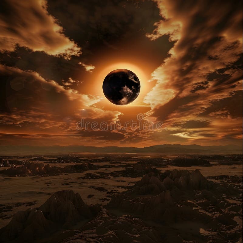 Digital Artwork of an Eerie, Dusky Landscape Under a Dark Eclipsed Sun ...