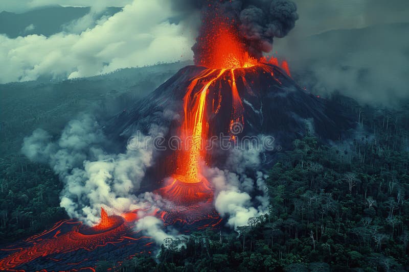 Digital Artwork of Erupting Volcano, Centered in Frame, Glowing Red and ...
