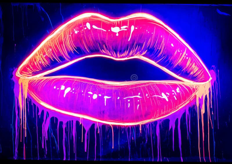 Neon Dripping Lips on Dark Background Stock Illustration - Illustration ...