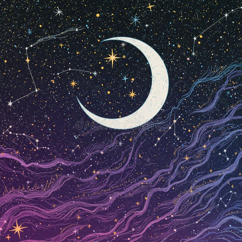 A Digital Artwork Featuring a Crescent Moon Surrounded by Numerous Stars and Stock Illustration ...