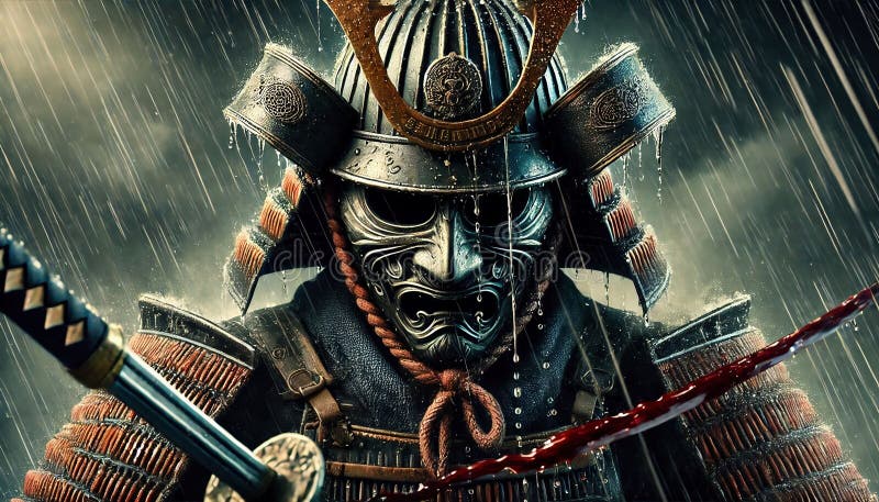 Armored Samurai in the Rain Stock Illustration - Illustration of ...