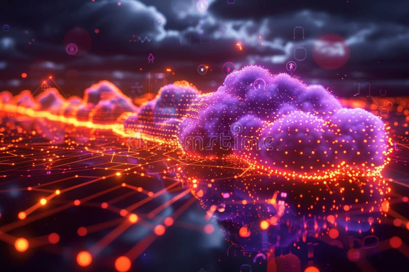 Digital Artwork Featuring Glowing, Interconnected Cloud Networks Over a Dark Cityscape ...