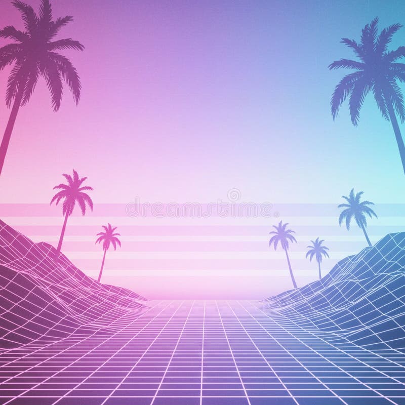 A Digital Artwork Featuring a Retro-futuristic Landscape with Grid ...