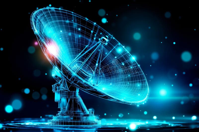 A Satellite Dish on a Black Background with Blue Lights Stock Photo ...