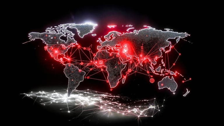 A World Map with Red Dots and Lines on a Black Background Stock Photo - Image of globalization ...