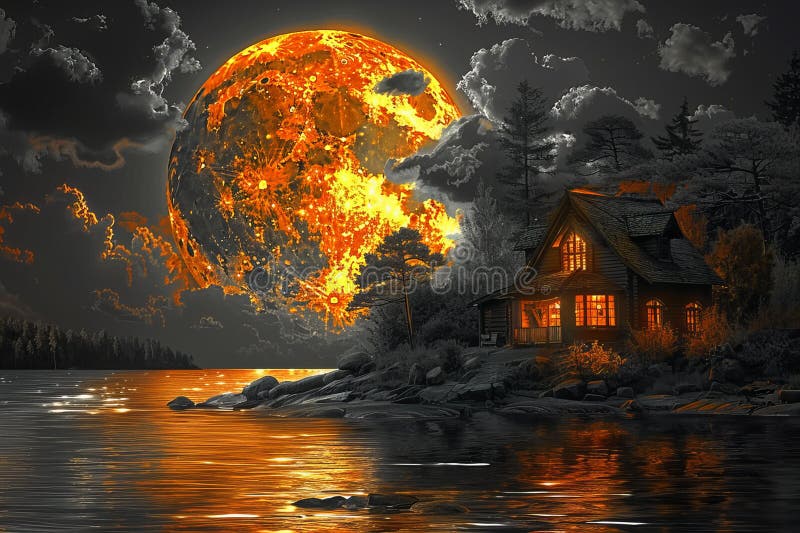 Digital Artwork of Full Moon with Clouds and Reflection of a Cottage in ...