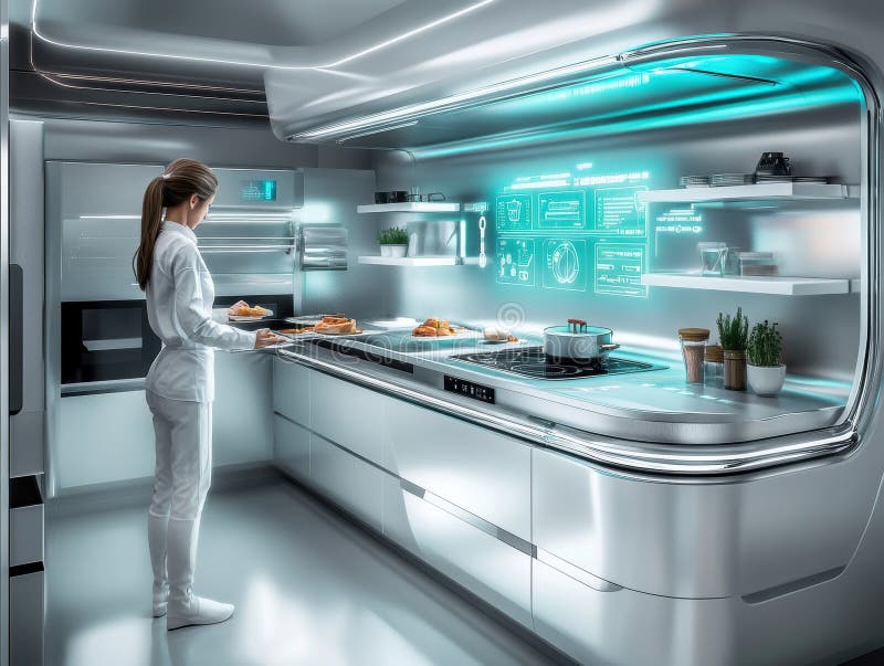 A Digital Artwork of a Futuristic Space Kitchen with an Astronaut in ...