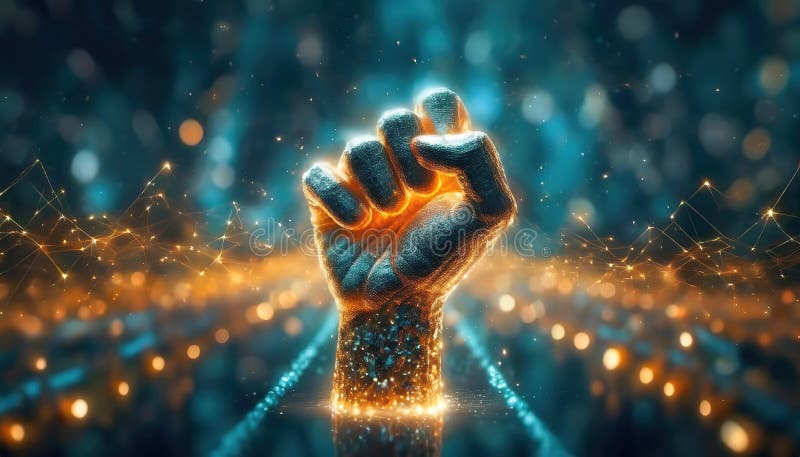 A Digital Artwork of a Glowing Fist Surrounded by a Network of Golden ...