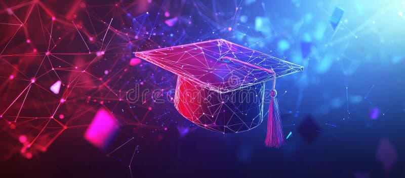 A Digital Artwork of a Graduation Cap Created with Glowing Data Links ...