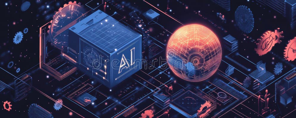 Isometric Illustration of AI Technology with Globe and Futuristic ...