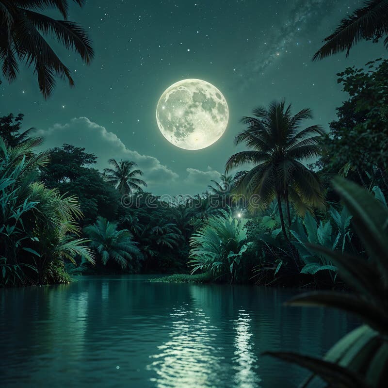Tropical Night Digital Artwork with Full Moon in Serene Scene Stock ...