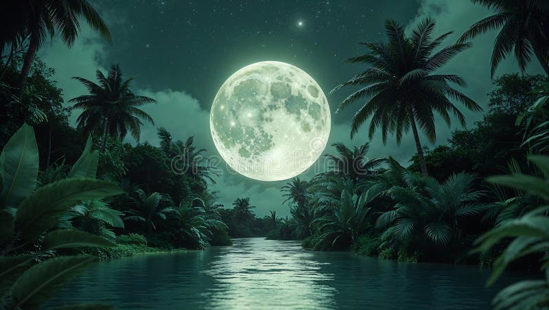 Tropical Night Digital Artwork with Full Moon in Serene Scene Stock ...