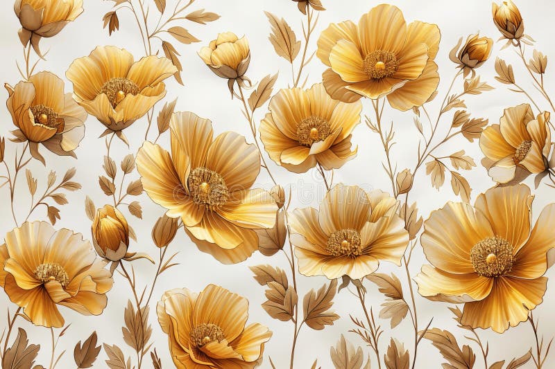 Digital Artwork of Ink Illustration of Gold Floral Drawings, High ...