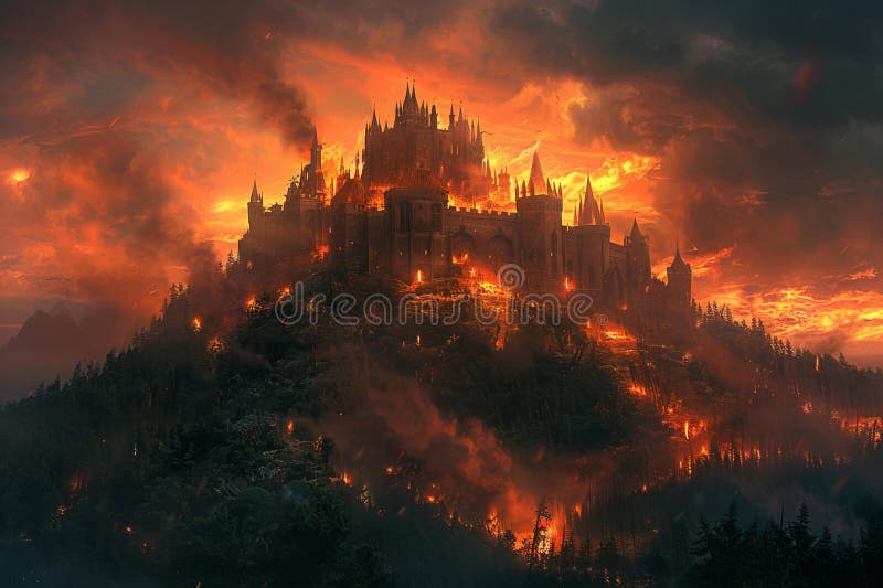 Digital Artwork of Large Medieval Castle on Top of a Hill at Night ...