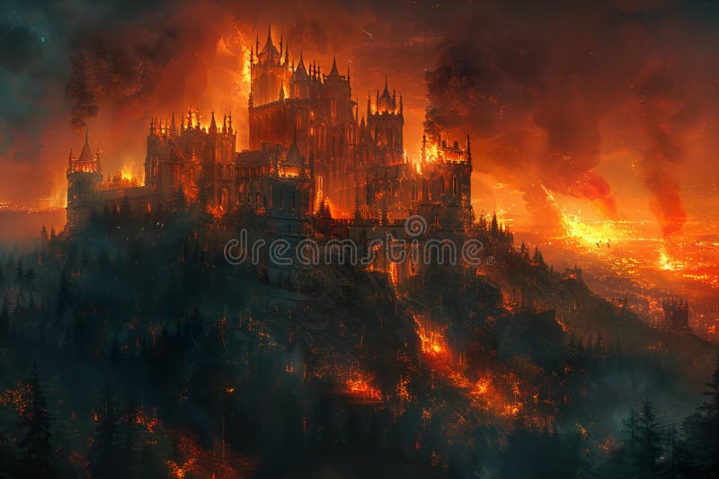 Digital Artwork of Large Medieval Castle on Top of a Hill at Night ...