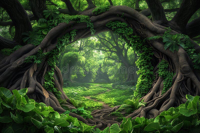 Digital Artwork of Magical Green Forest with Giant Tree Roots and Thick ...