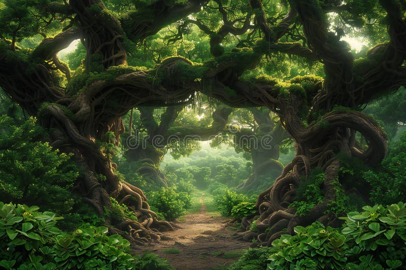 Digital Artwork of Magical Green Forest with Giant Tree Roots and Thick ...