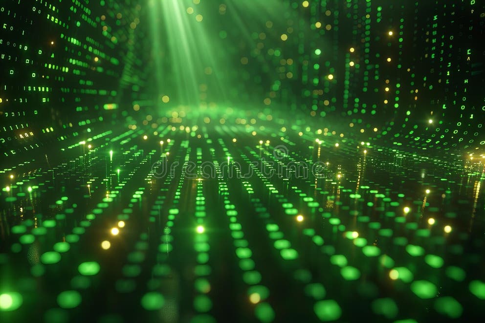 Digital Artwork of Digital Matrix Background with Green Binary Code and Light Rays, Creating an ...