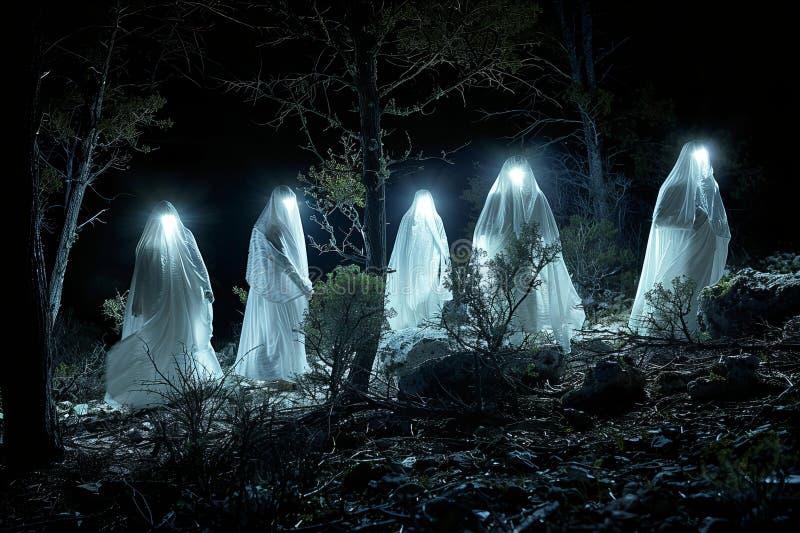 Digital Artwork of Night Photograph of Several White Figures Standing ...