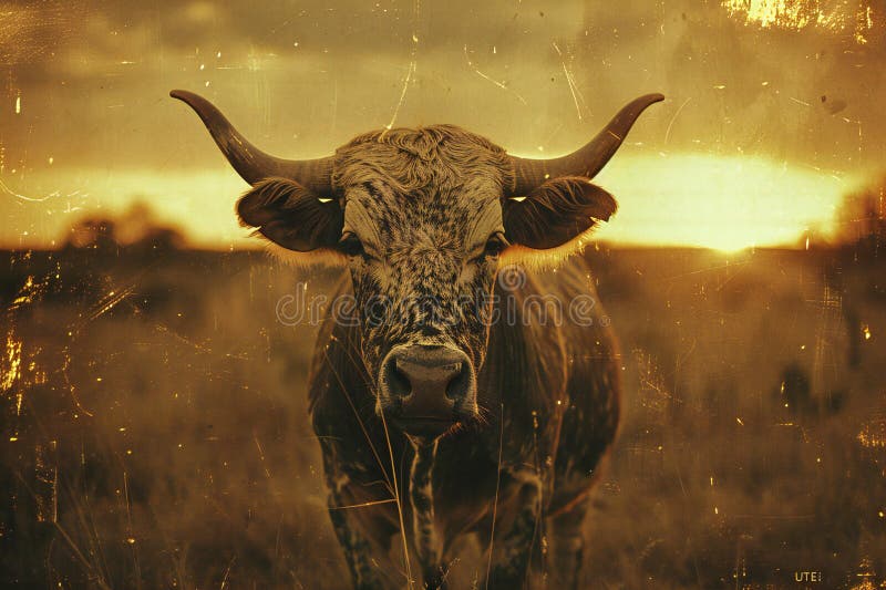 Digital Artwork of Ox Standing Behind a Field and in Front of a Light ...