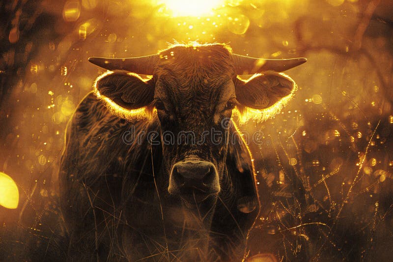 Digital Artwork of Ox Standing Behind a Field and in Front of a Light ...