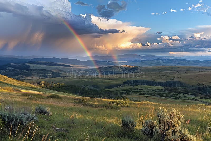 Digital Artwork of Panoramic Photo of Rainbow Over Grassy Landscape ...