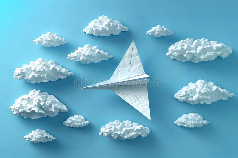 Digital Artwork of Paper Airplane Flying among Clouds on Blue ...