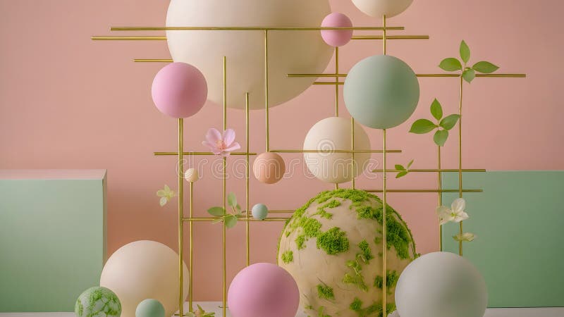 Digital Artwork of Pastel Spheres on Metal Rods, Balanced Elegance and ...
