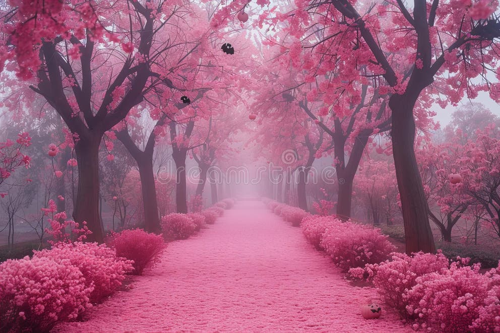 Digital Artwork of Pink Pathway Lined with Trees, High Quality, High ...