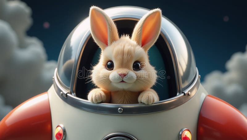 Digital Artwork Portraying a Whimsical Bunny Soaring in a Rocket Ship ...