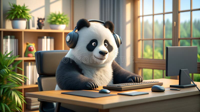 Panda Working at Computer: Panda with Headphones at Desk, Animal Office ...
