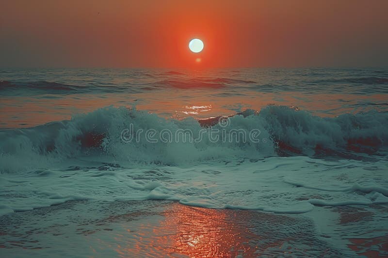 Digital Artwork of Red Sun Rises Over the Ocean, High Quality, High ...