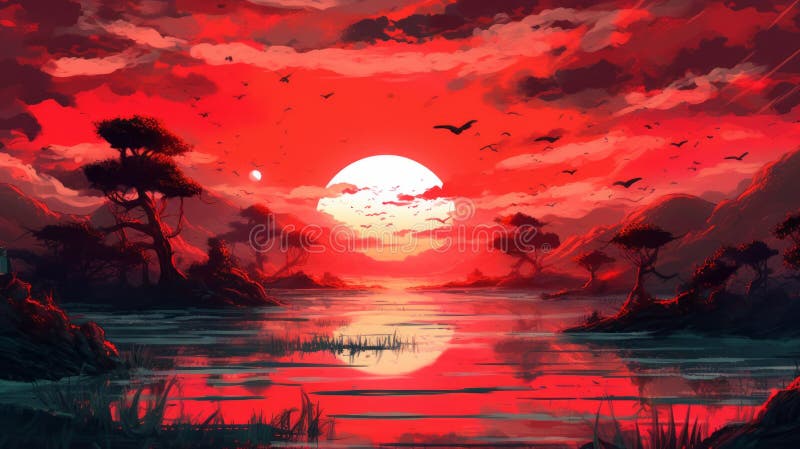 Digital Artwork of a Red Sunset in Anime or Manga. Generative AI Stock ...