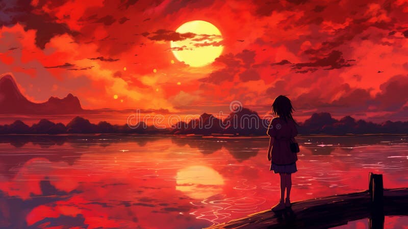 Digital Artwork of a Red Sunset in Anime or Manga. Generative AI Stock ...