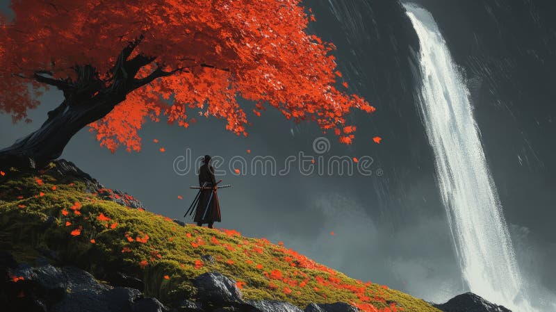 In a Digital Artwork, a Samurai Stands in a Garden with Waterfalls, His ...