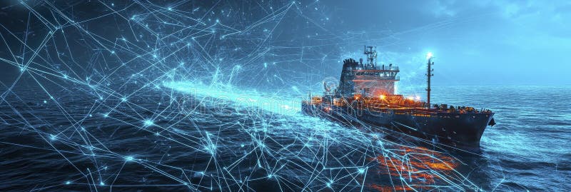 Digital Artwork of Ship Crossing Ocean Network Matrix Stock ...