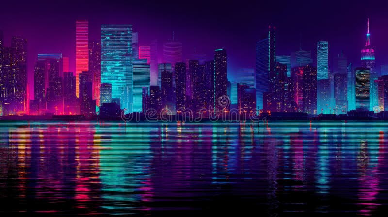 Vibrant Neon Cityscape at Night with Full Moon Stock Illustration ...