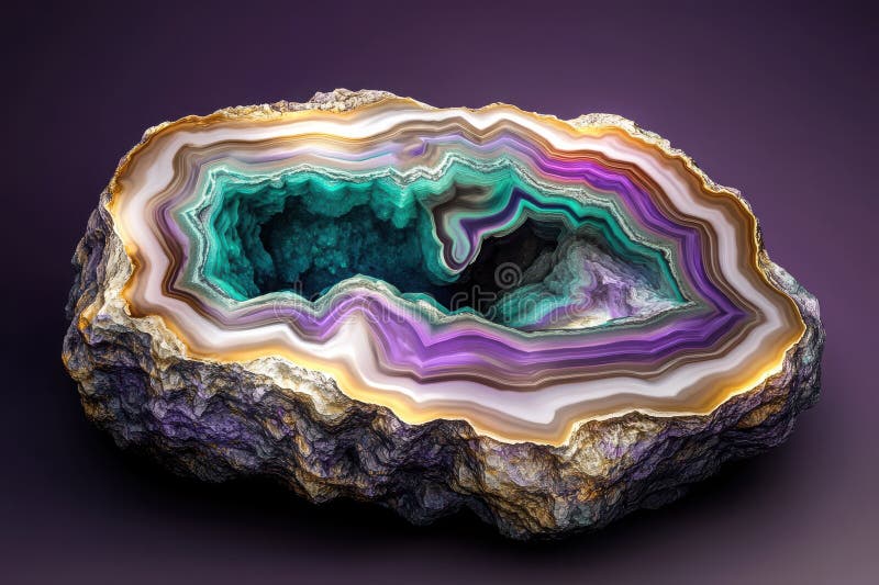 Polished Agate Slice with Purple, Teal, Gold, and White Layers on Dark ...