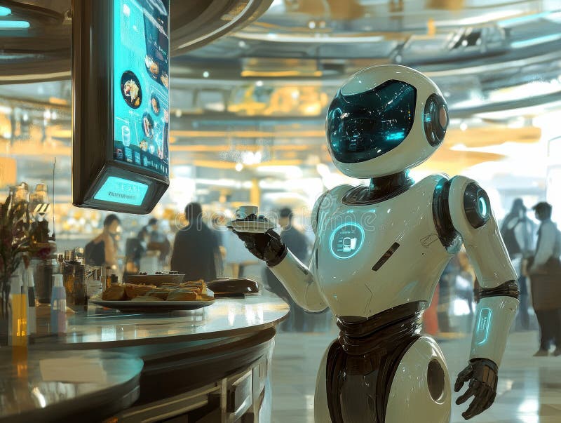 A Digital Artwork Showcasing a Humanoid Robot Interacting in a ...