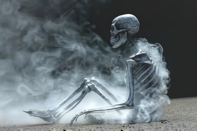 Digital Artwork of Skeleton Sitting on the Ground in the Smoke, High ...