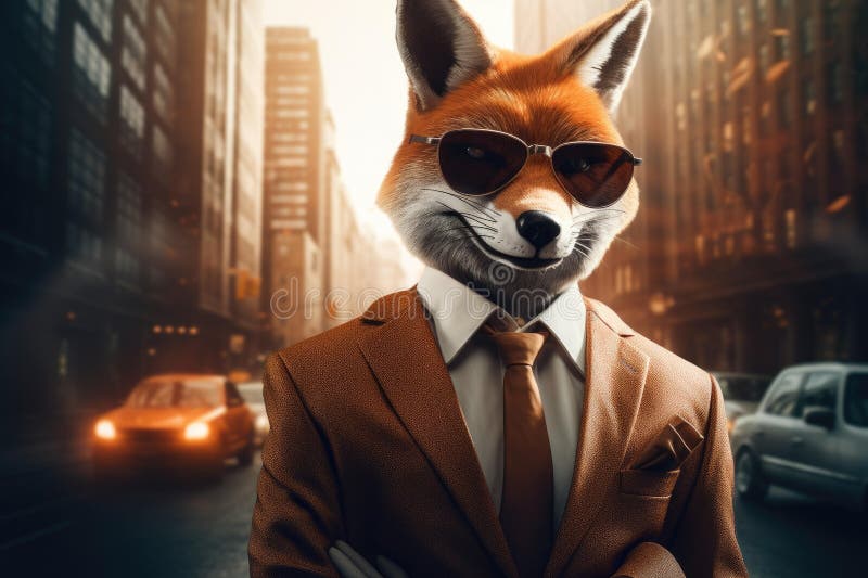 Stylish Fox Character in Suit Walking in Urban Cityscape, AI Generated ...