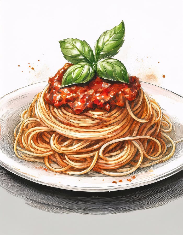 A Digital Artwork of Spaghetti with Tomato Sauce and Basil on a Plate ...