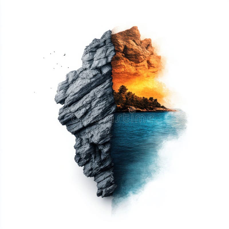 Digital Artwork of Split Island with Rocks, Trees, and Sea on White ...