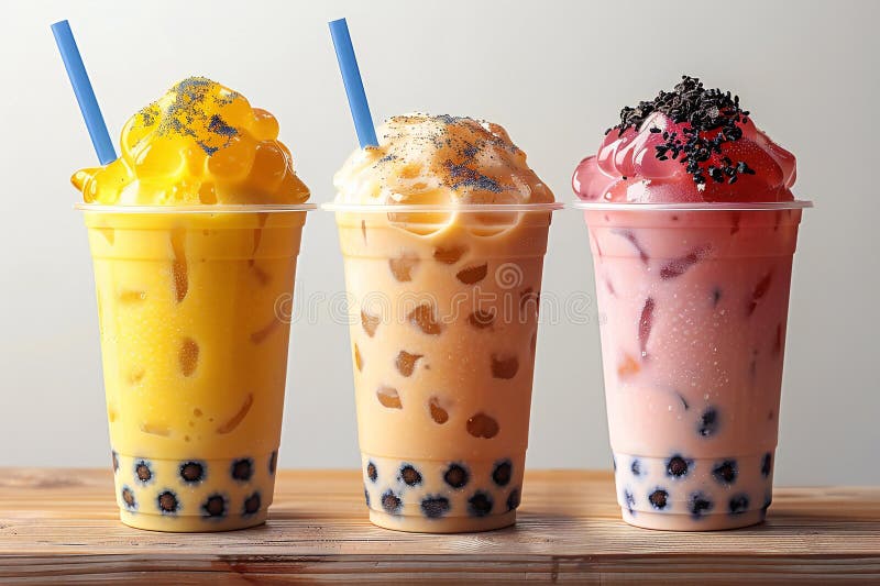 Digital Artwork of Three Different Colored Boba Tea Drinks in Plastic ...
