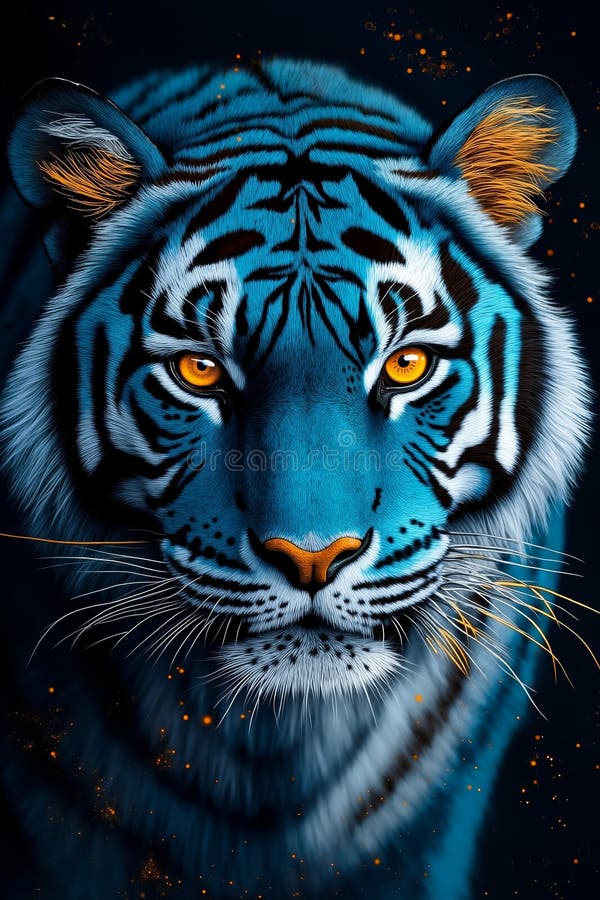 A Blue Tiger with Orange Eyes on a Black Background Stock Photo - Image ...