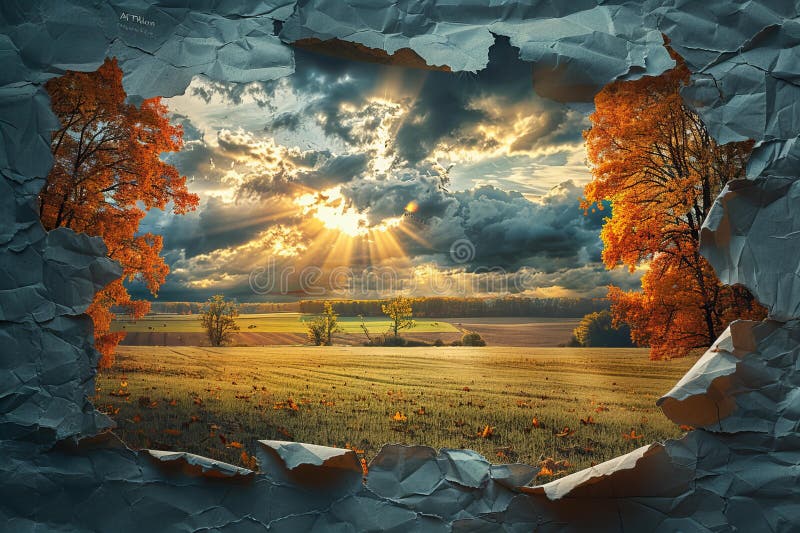 Digital Artwork of Torn Paper with the Hole Showing an Open Field and ...