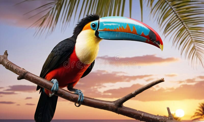 A Digital Artwork of a Vibrant Toucan Perched on a Tropical Tree Branch ...
